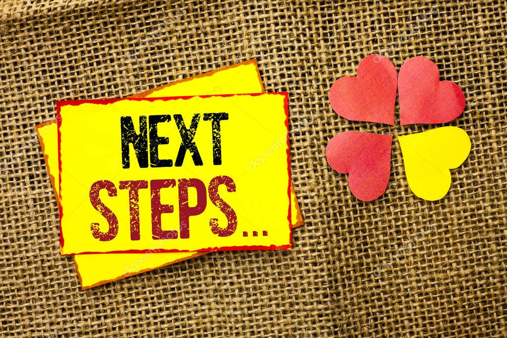 Texto de la escritura de palabras Próximos pasos... Concepto de negocio ...