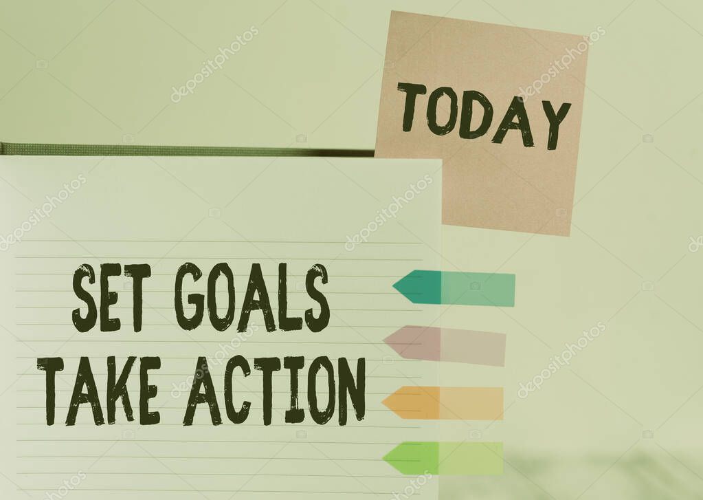 Texto de escritura de palabras Establece metas Toma acción. Concepto de negocio para actuar en ...