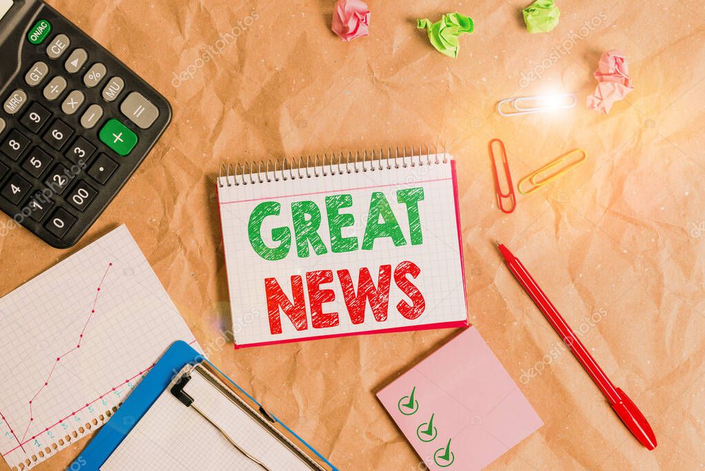 Texto de escritura de palabras Great News. Concepto de negocio para ...