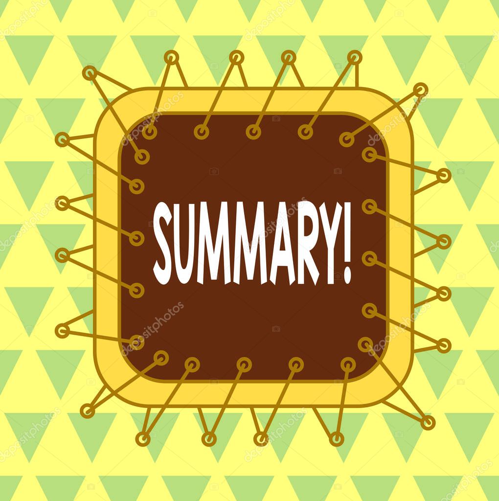 Texto de escritura de palabras Resumen. Concepto de negocio para una breve exposición o recuento ...