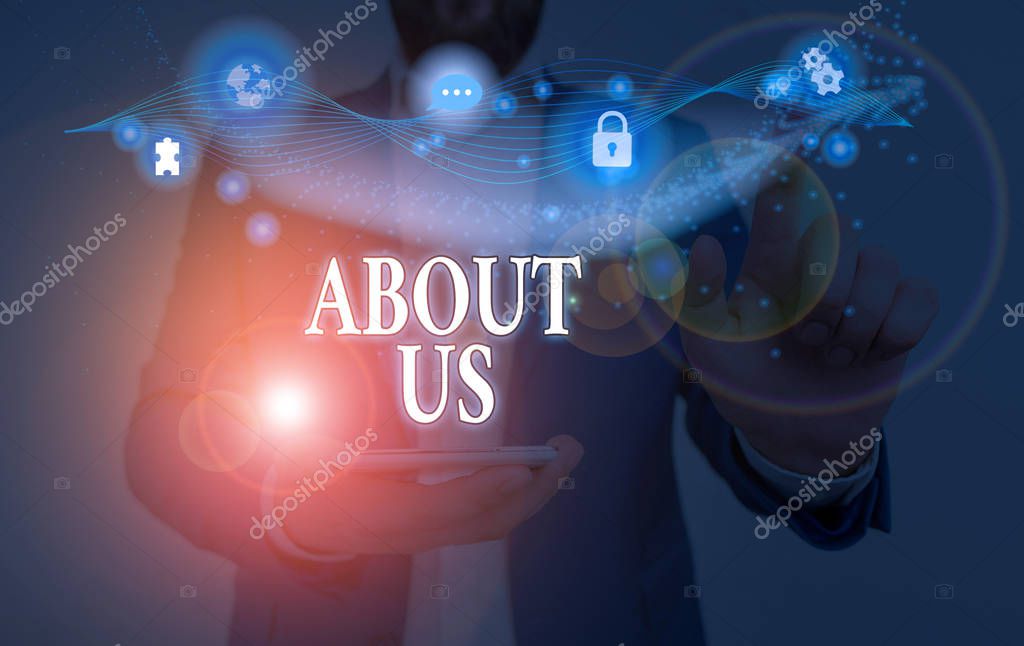 Conceptual hand writing showing About Us. Exhibición de fotos de ...