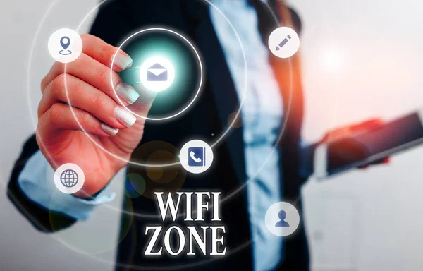 Text sign showing Wifi Zone. Conceptual photo provide wireless ...