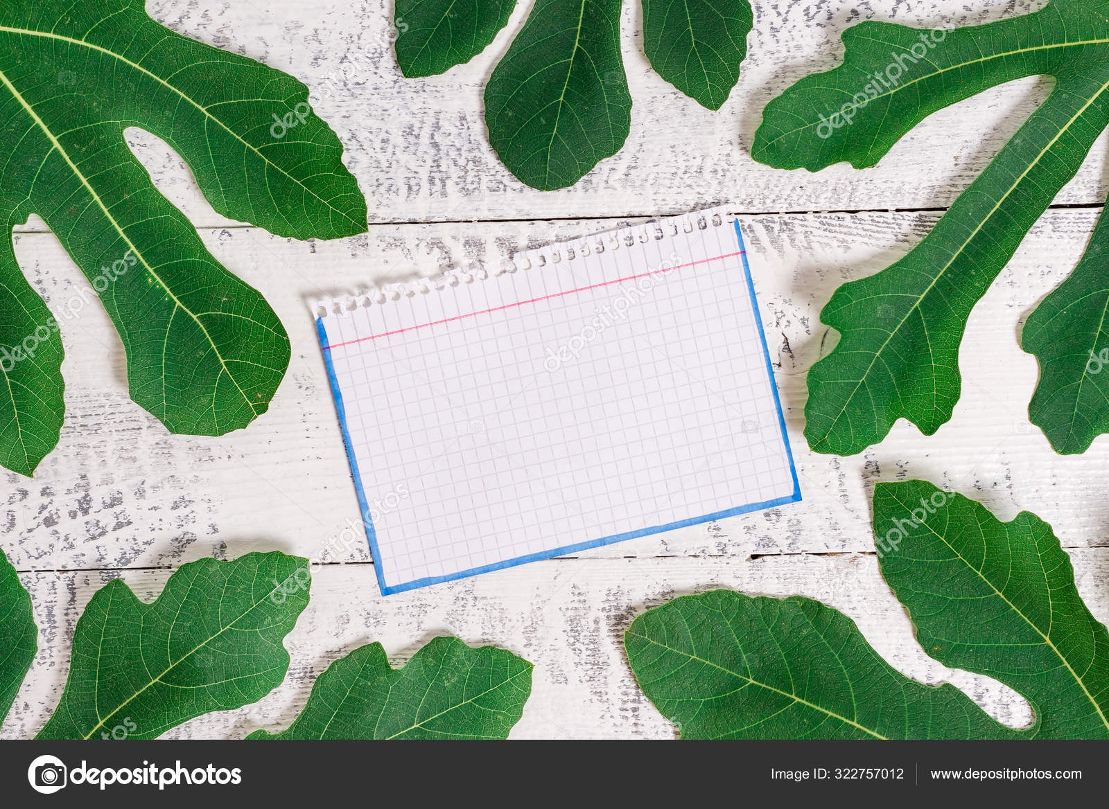 Notepaper placed above classic wooden table between green leaves ...