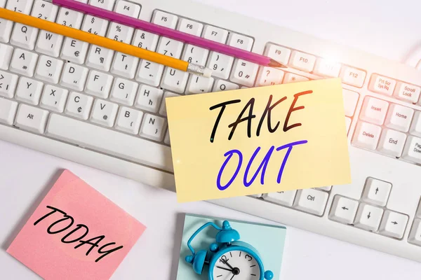 Text sign showing Take Out. Conceptual photo the act of taking out food ...