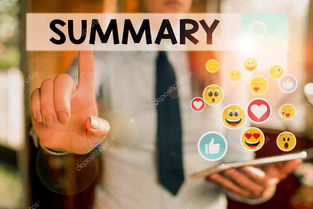 Texto manuscrito Resumen. Concepto que significa una breve declaración ...