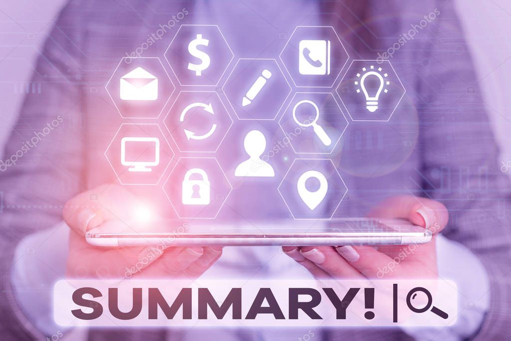 Texto de escritura de palabras Resumen. Concepto de negocio para una breve exposición o recuento ...