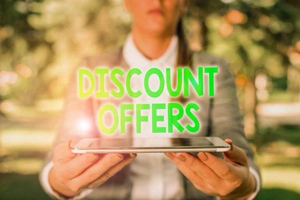 Writing note showing Discount Offers. Business photo showcasing amount ...