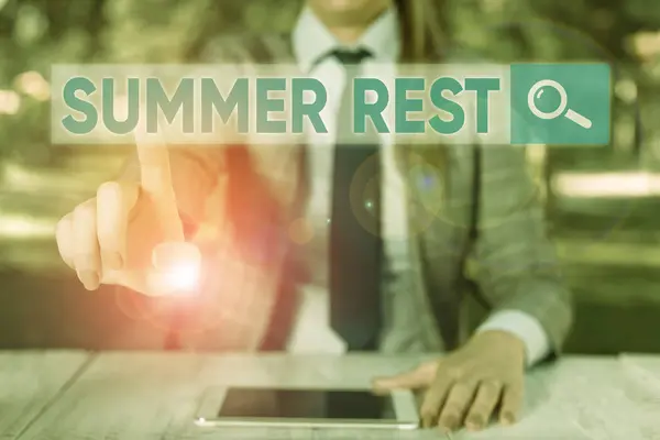 Text sign showing Summer Rest. Conceptual photo taking holiday break or ...