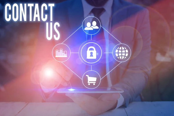 Text sign showing Contact Us. Conceptual photo Term used to describe ...