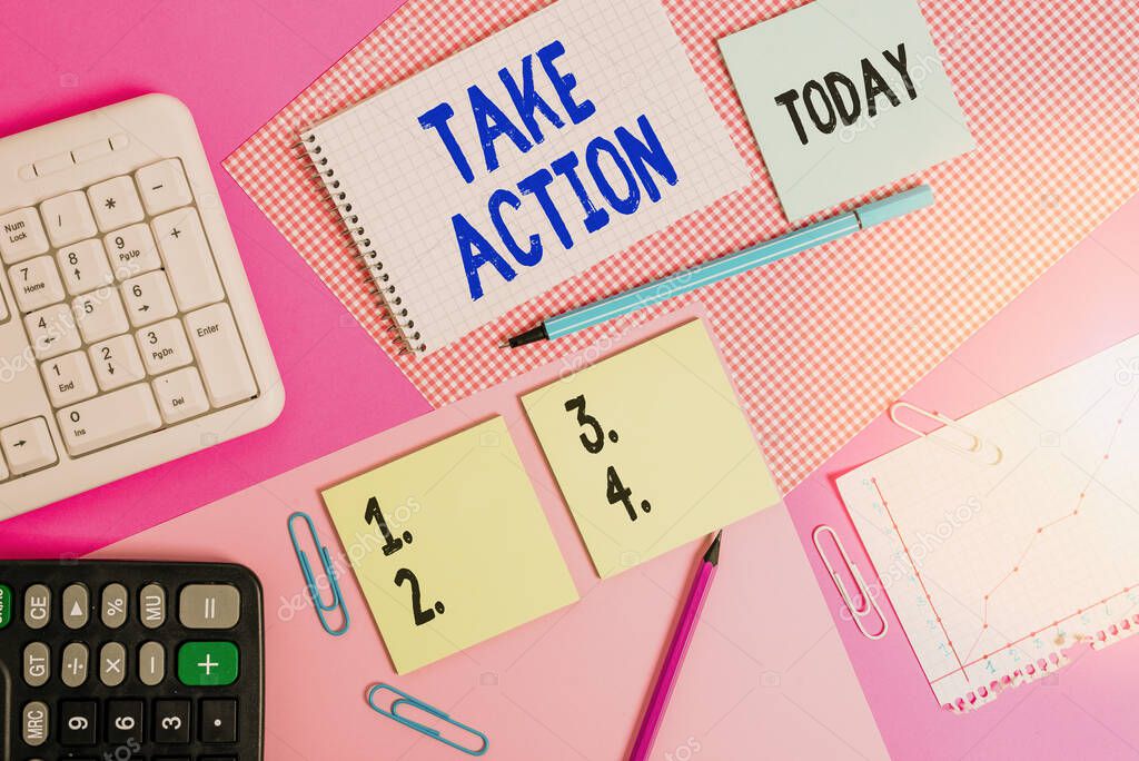 Texto de escritura de palabras Tomar acción. Concepto de negocio para hacer algo oficial o ...