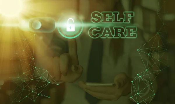 Text sign showing Self Care. Conceptual photo practice of taking action ...