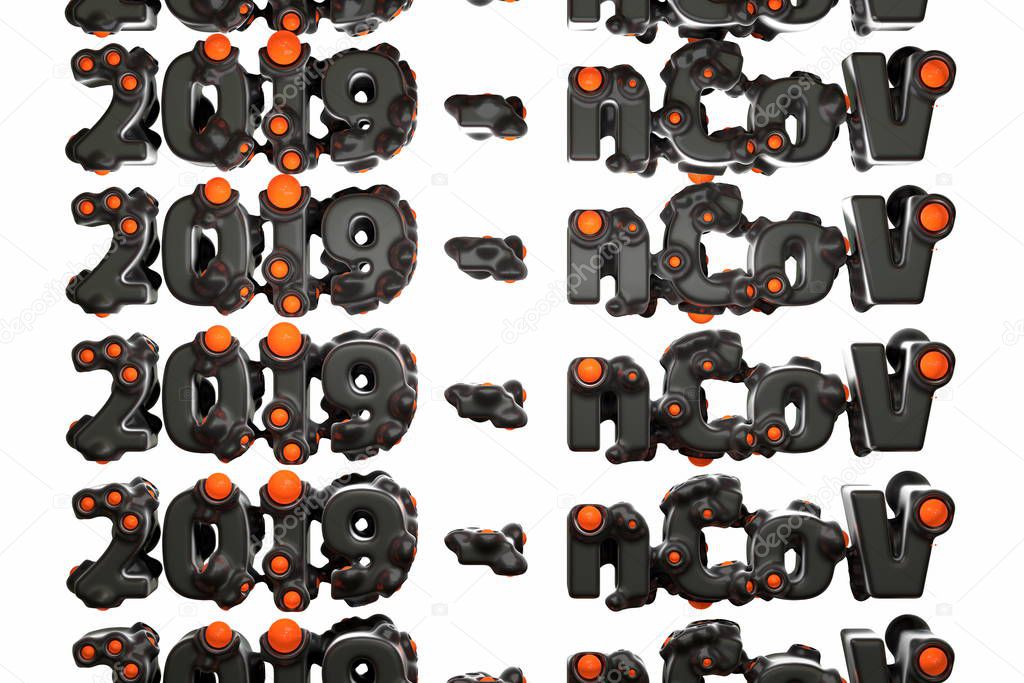 Inscripción negra 2019 - nCoV con gotas rojas de sangre volando en el ...