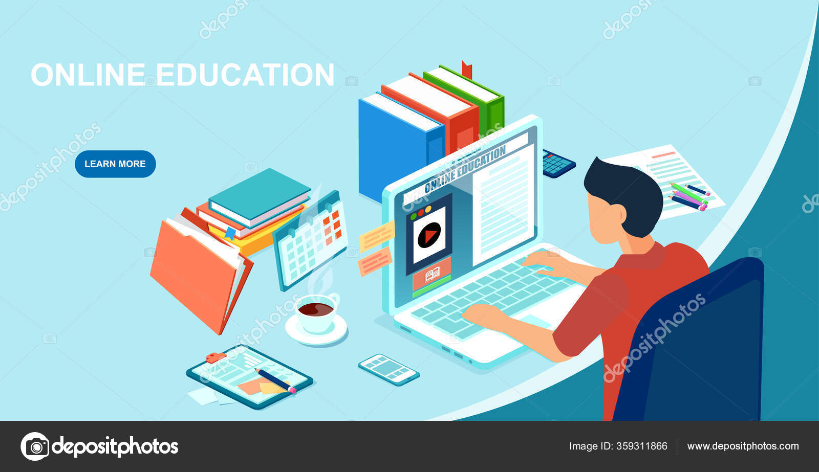 Vector Male Student Studying Home Using Laptop Computer Stock Vector by ...