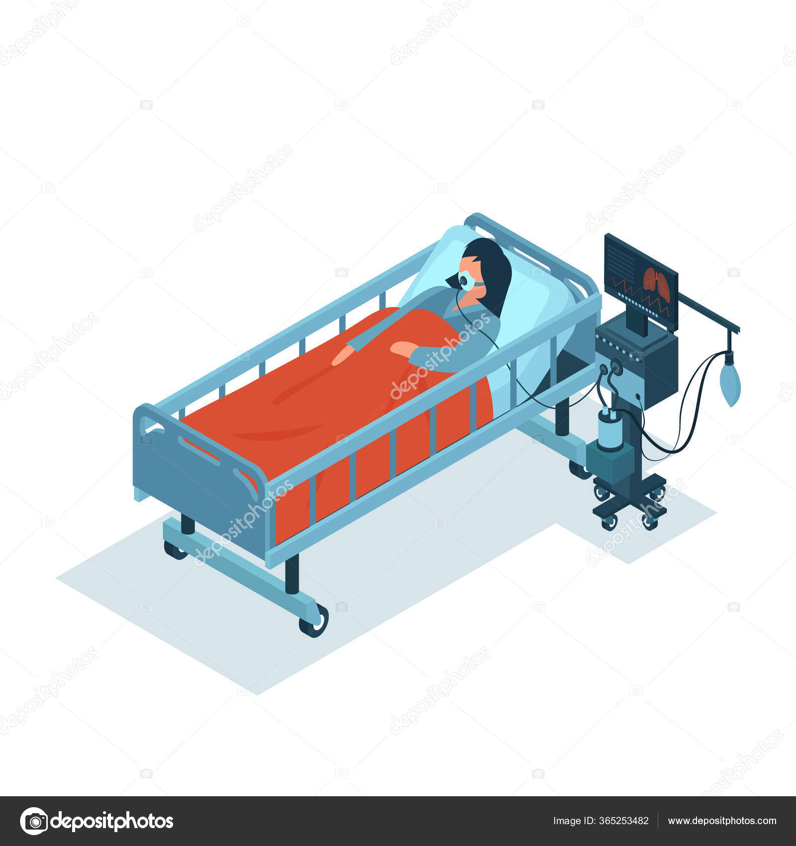 Isometric Vector Critically Ill Female Patient Ventilator Machine ...
