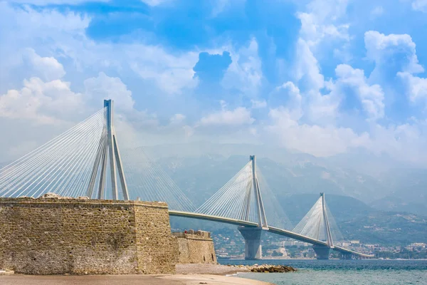 Suspension bridge crossing Corinth Gulf strait, Greece. Is the world's ...