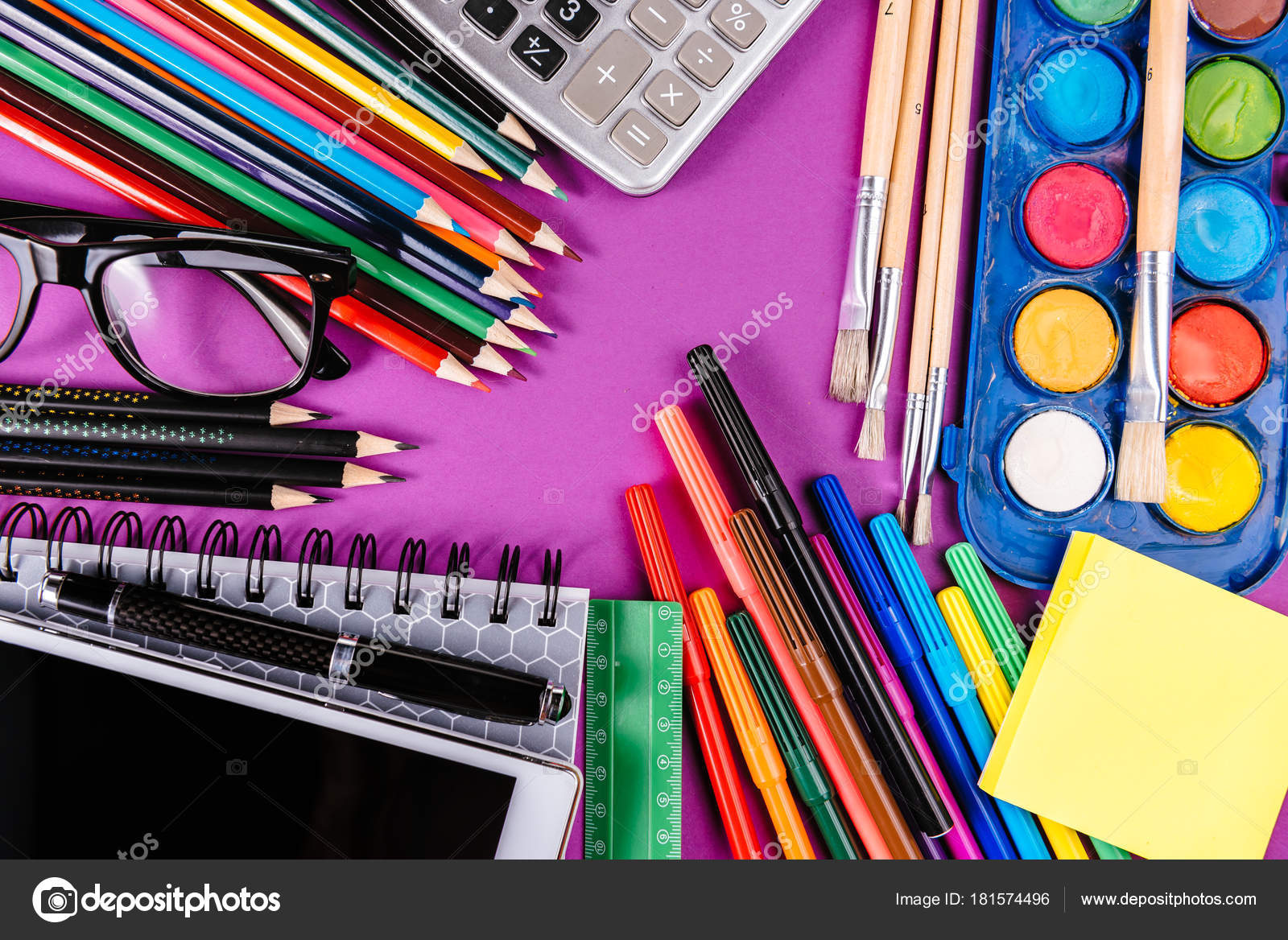 School Supplies Purple Background — Stock Photo © Kerkezz #181574496