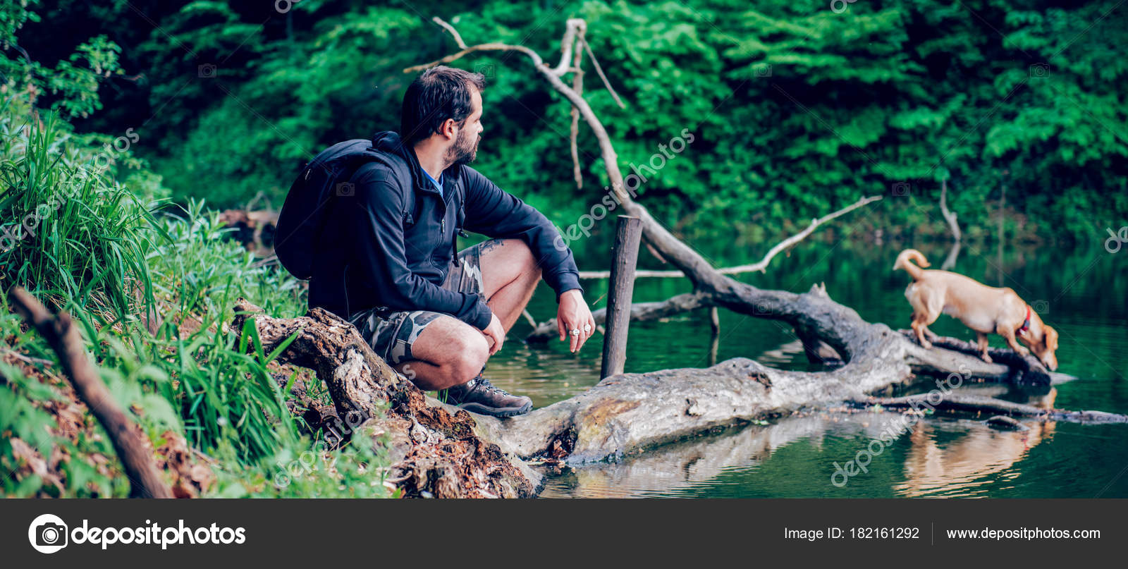 Man Beard Standing Floating Tree Log Lake Shore Looking Distance Stock ...