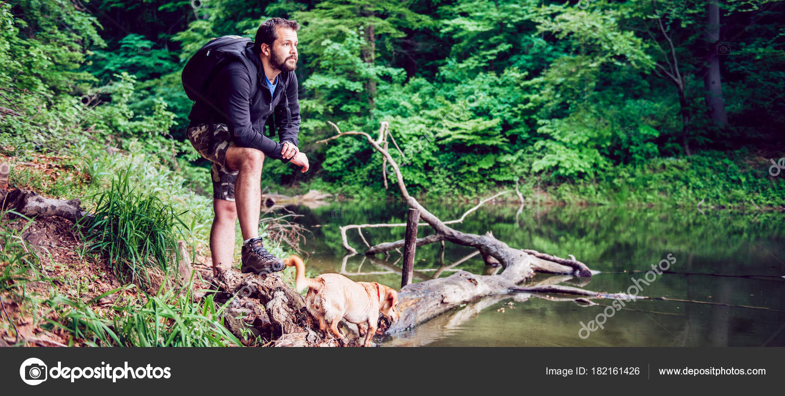 Man Beard Standing Floating Tree Log Lake Shore Looking Distance ...