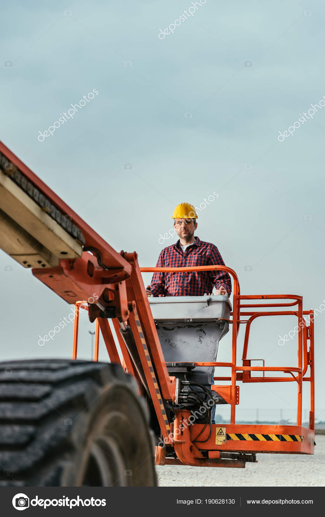 Operator Safety Helmet Red Square Shirt Controlling Straight Boom Lift ...