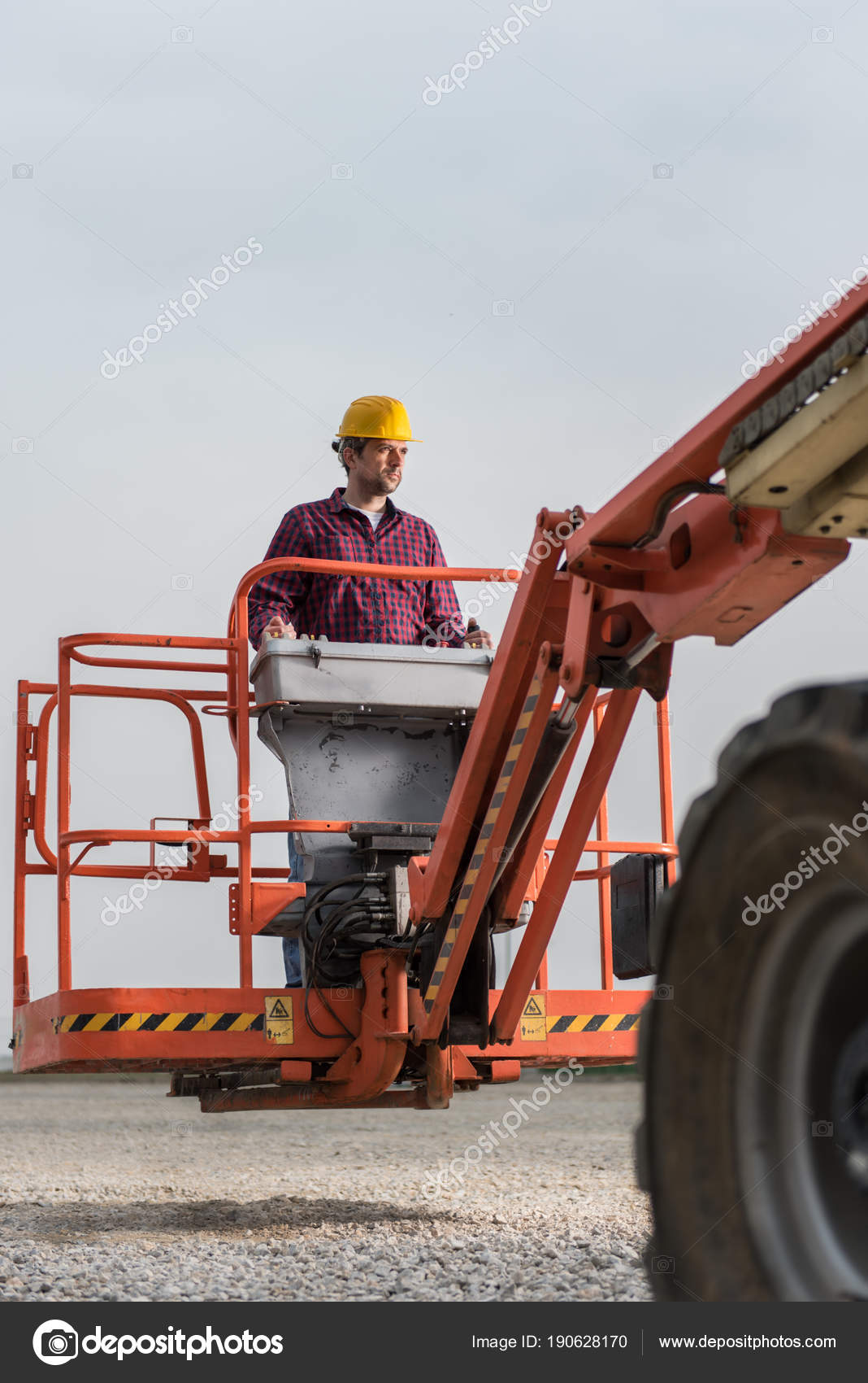 Operator Safety Helmet Red Square Shirt Controlling Straight Boom Lift ...