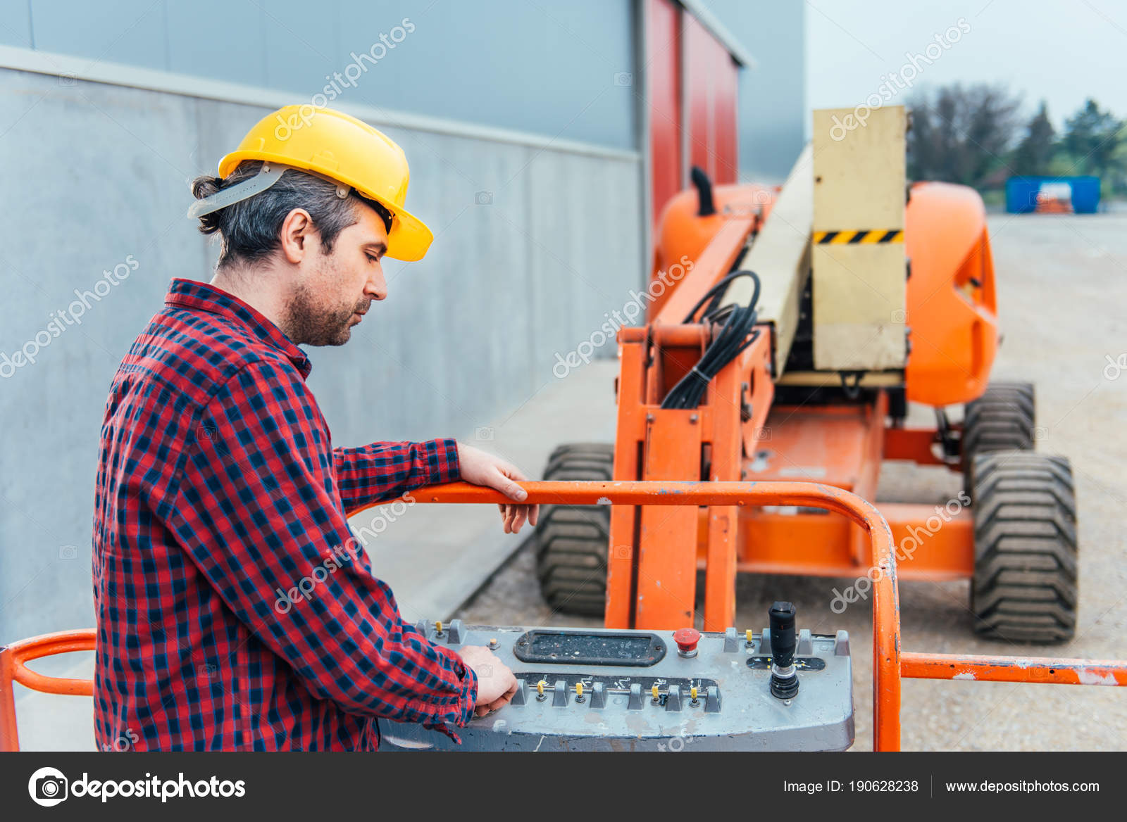 Operator Safety Helmet Red Square Shirt Controlling Straight Boom Lift ...