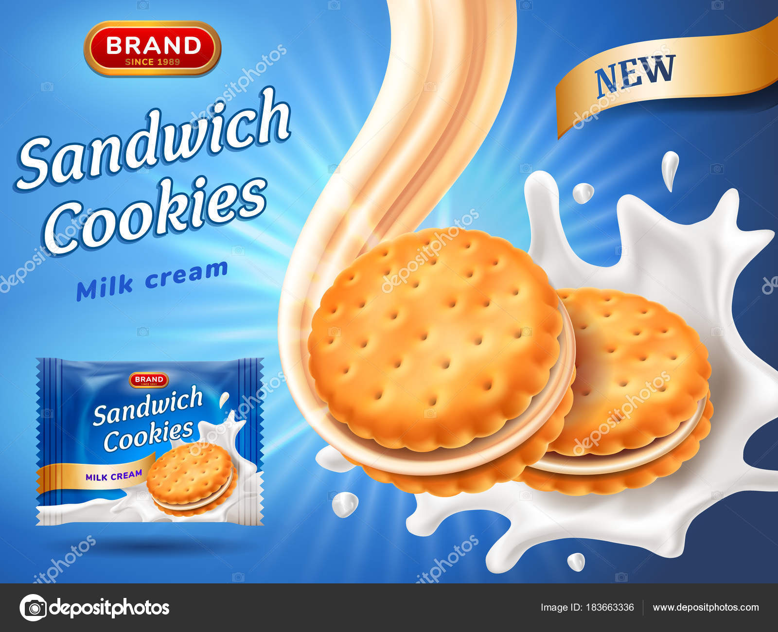 Sandwich cookies ads. Delicious vanilla cream flow. Cracker drop in ...