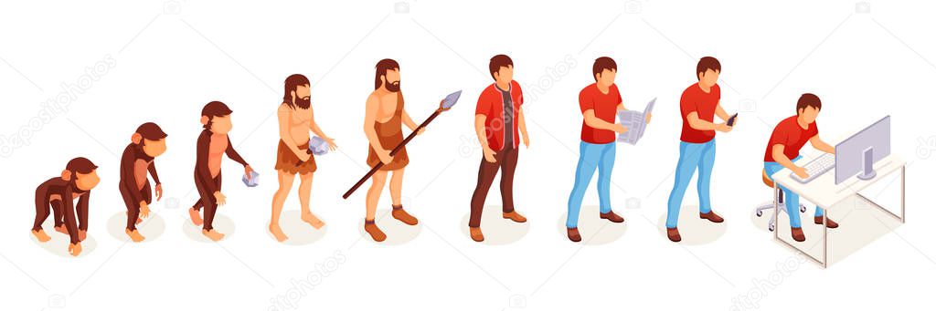 Evolución humana, mono al hombre moderno, vector 2023