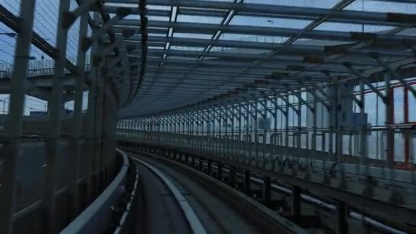 A front point of view on the railway at Yurikamome line in Tokyo ...
