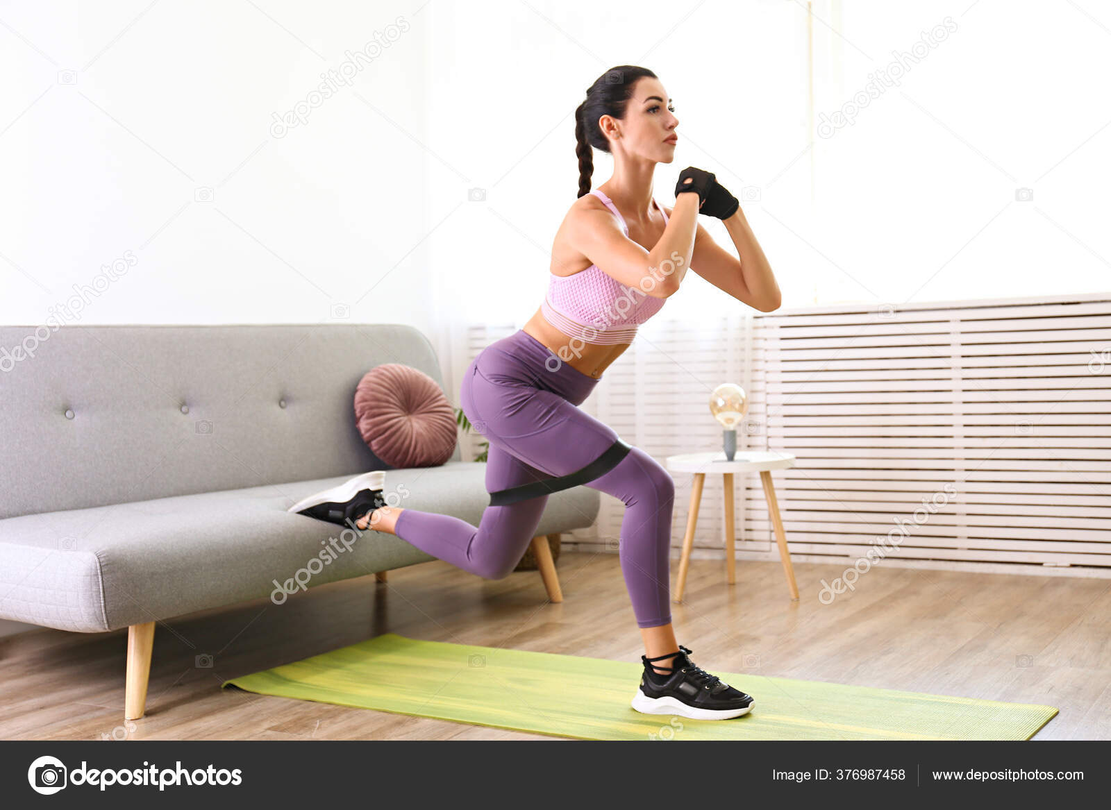 Stay Home Workout Concept Young Attractive Woman Performing Bodyweight ...