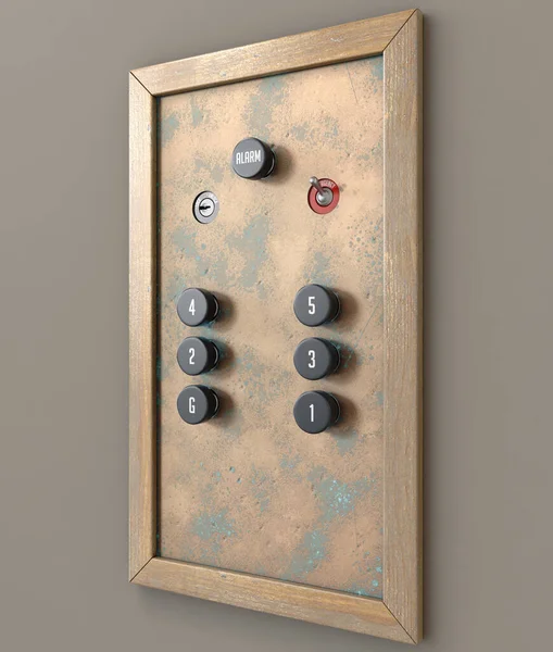 An old retro elevator control panel with six floors made of brass and ...