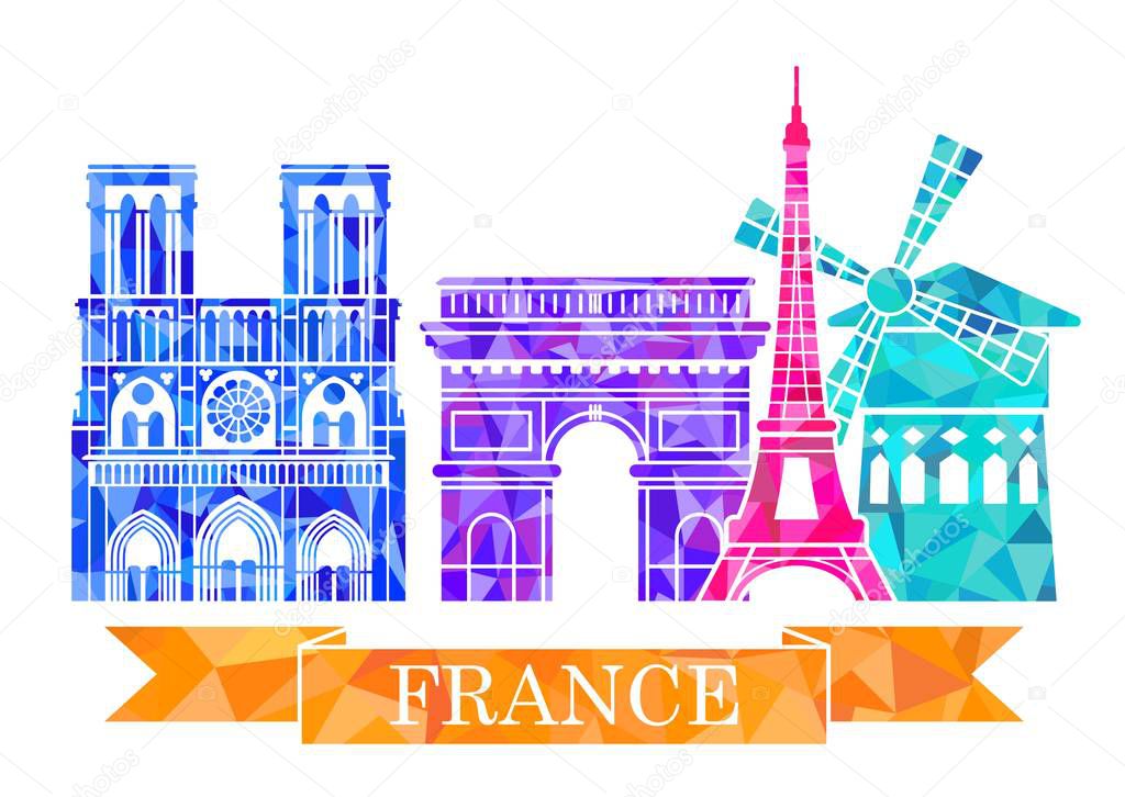 Monumentos arquitectónicos de París en estilo poligonal. Torre Eiffel, Arco del Triunfo ...