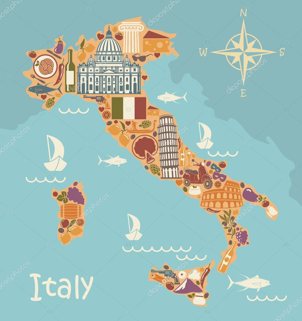 Map of Italy with traditional Italian symbols — Stock Vector © Klava ...