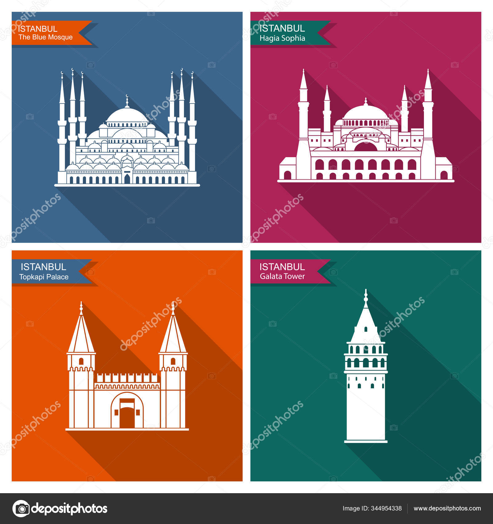 Istanbul landmarks and monuments. Vector flat icons with shadow — Stock ...