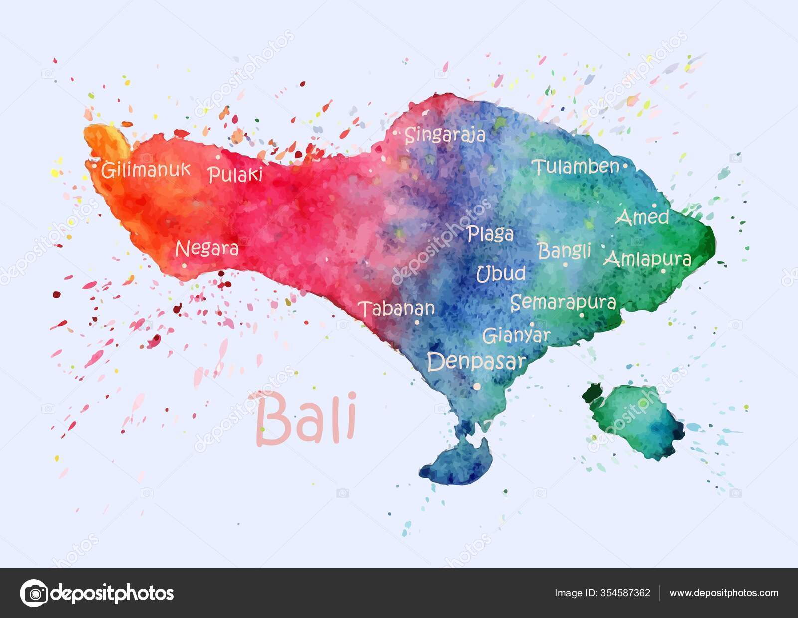Watercolor map of Bali with cities. Stylized image with spots and ...