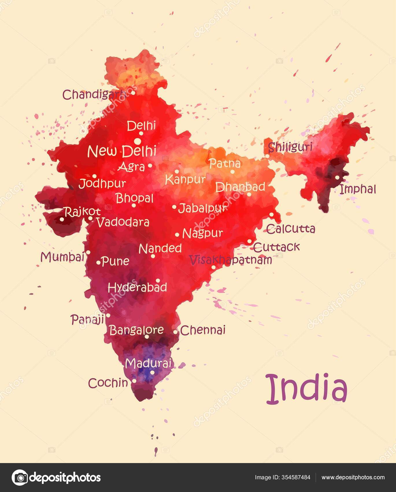 Watercolor map of India with cities. Stylized image with spots and ...