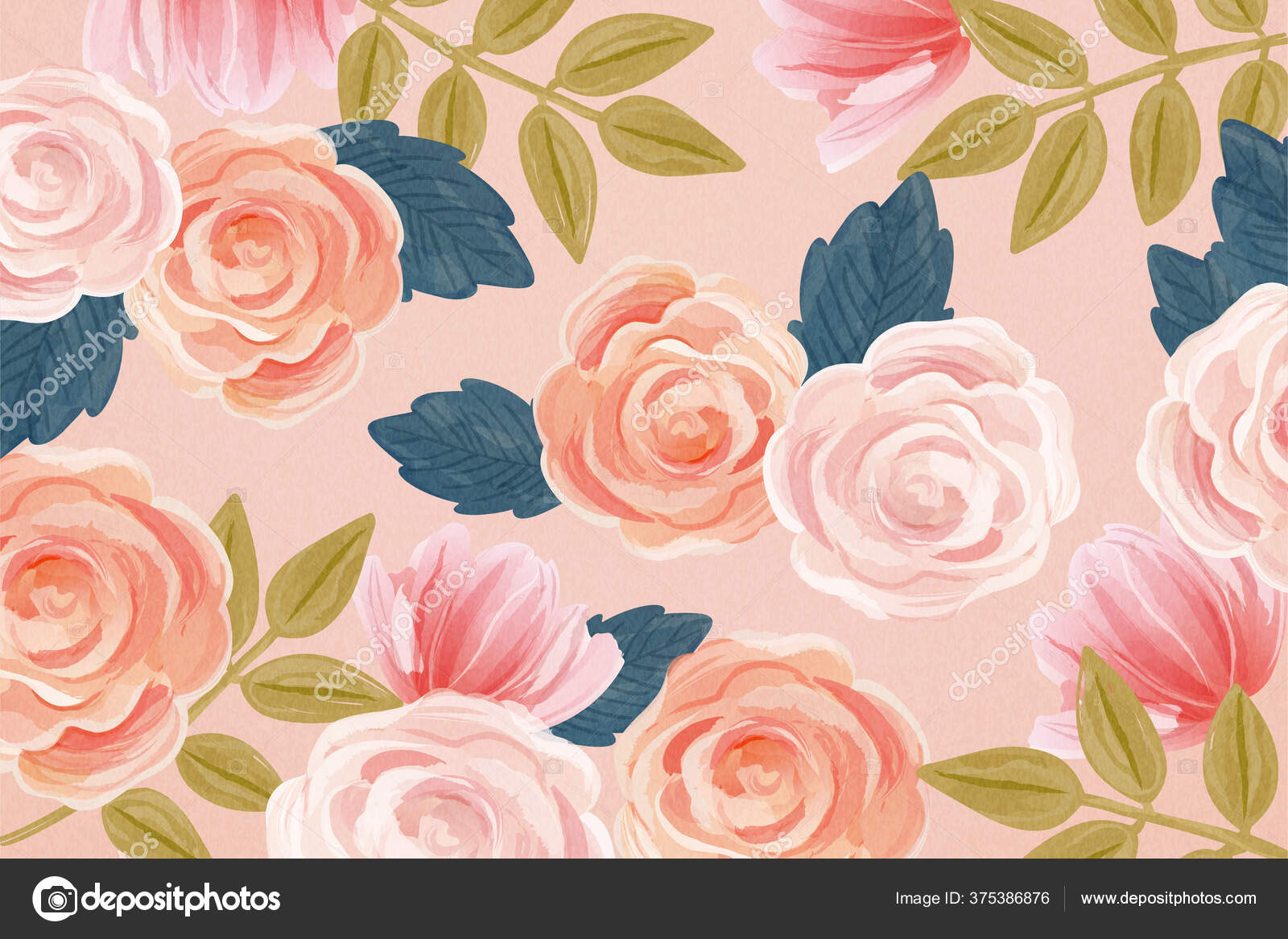 Gorgeous Rose Pattern Illustrated Cute Watercolor Hand Drawn Style ...