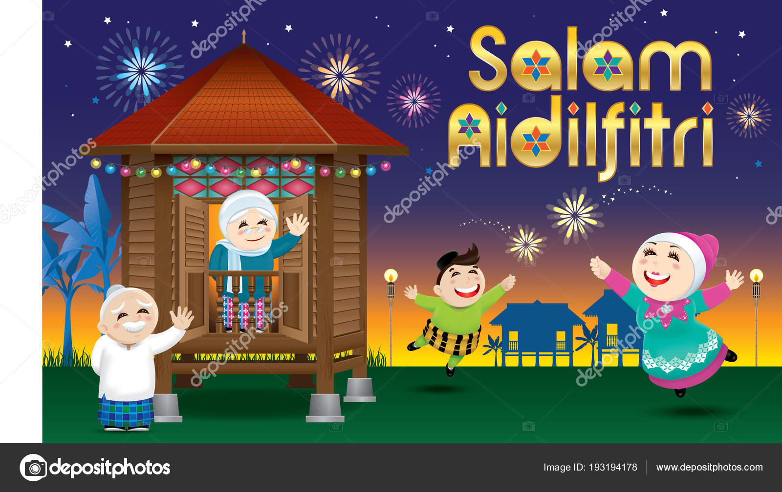 Boy Girl Playing Fireworks Raya Festival Celebration Village Scene ...