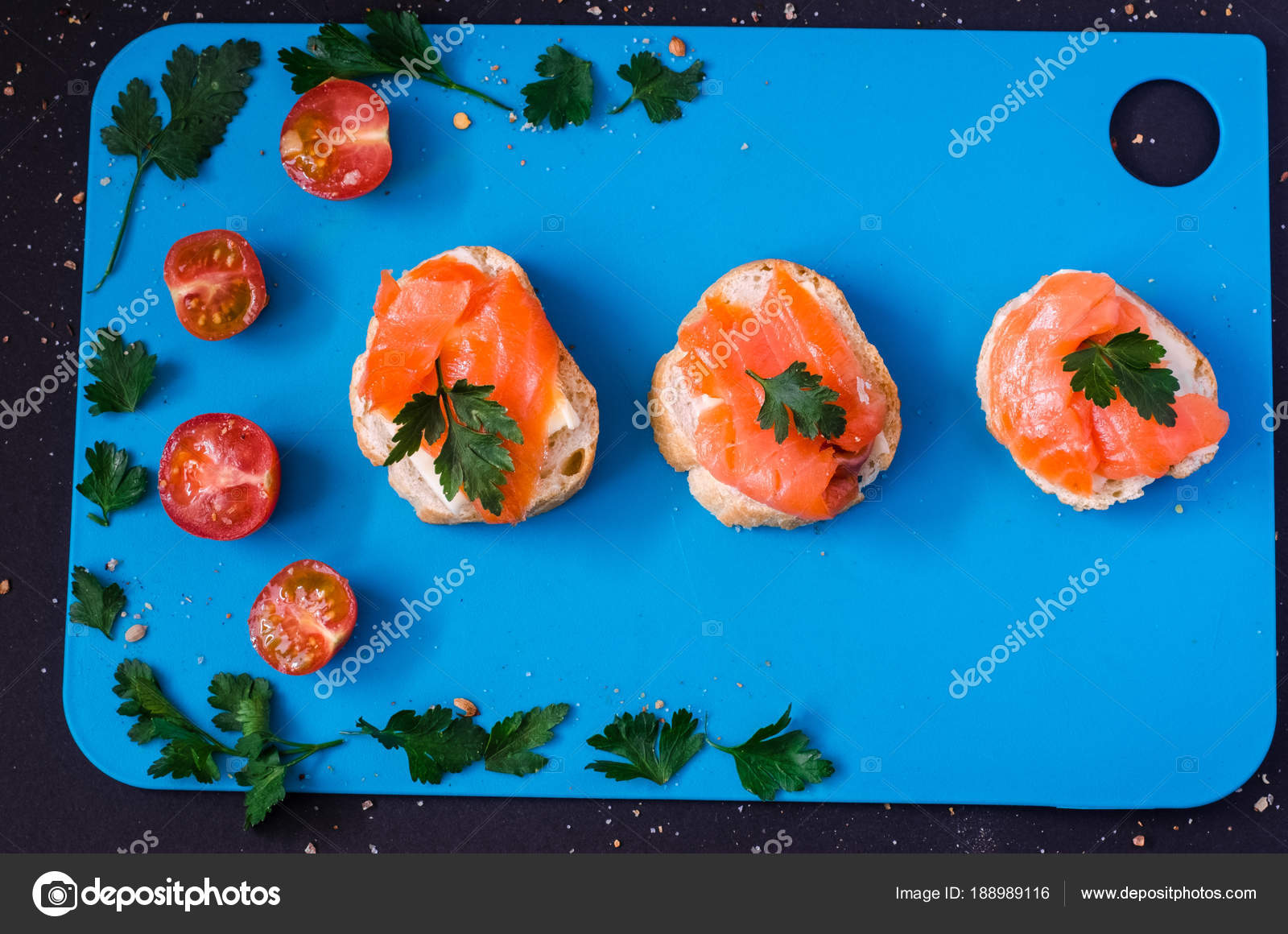 Salmon Fresh Baguette Bread Parsley Top Three Canapes Row Parsley ...