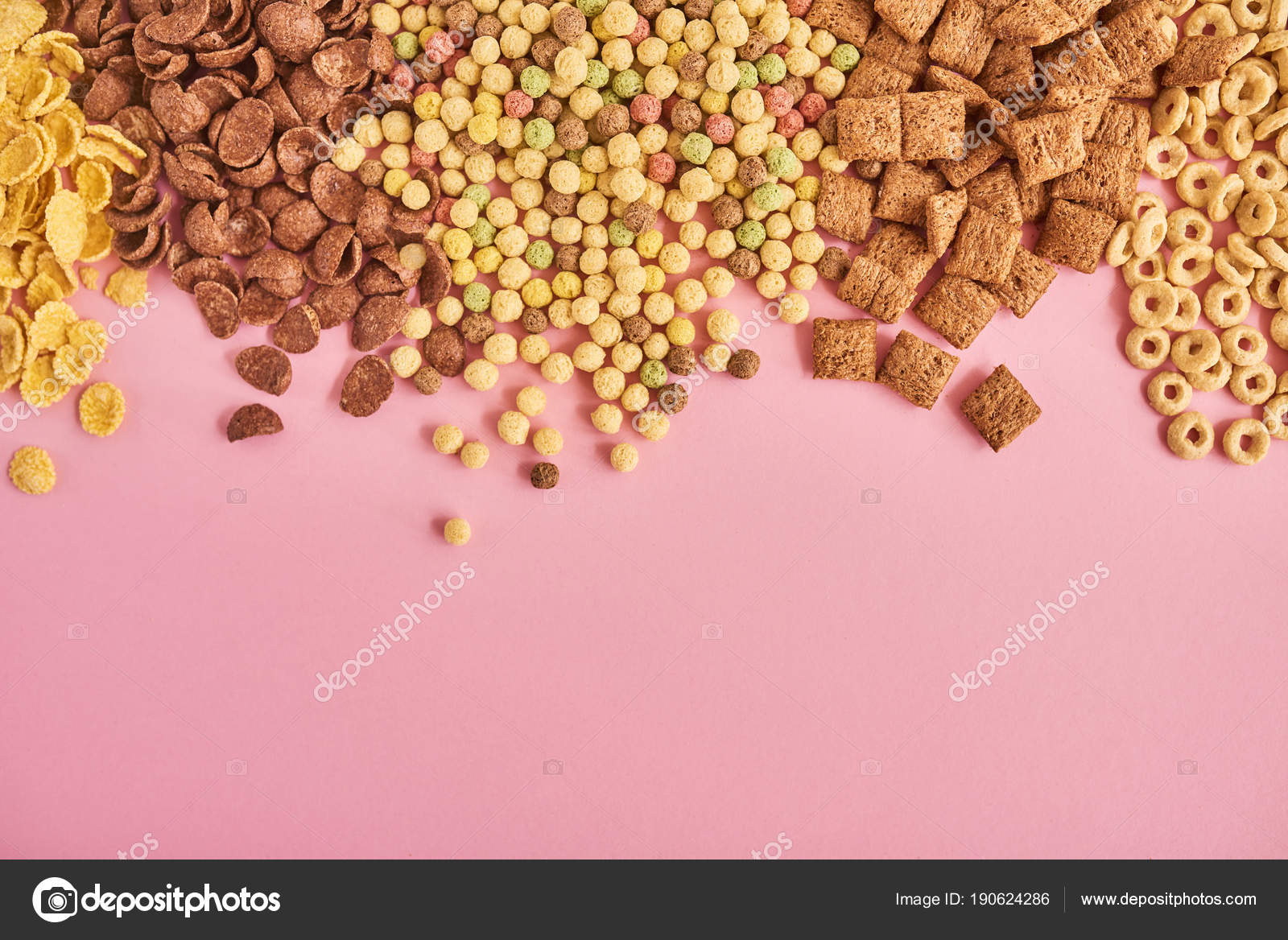 Top View Pile Different Kinds Cornflakes Pink Background Stock Photo by ...