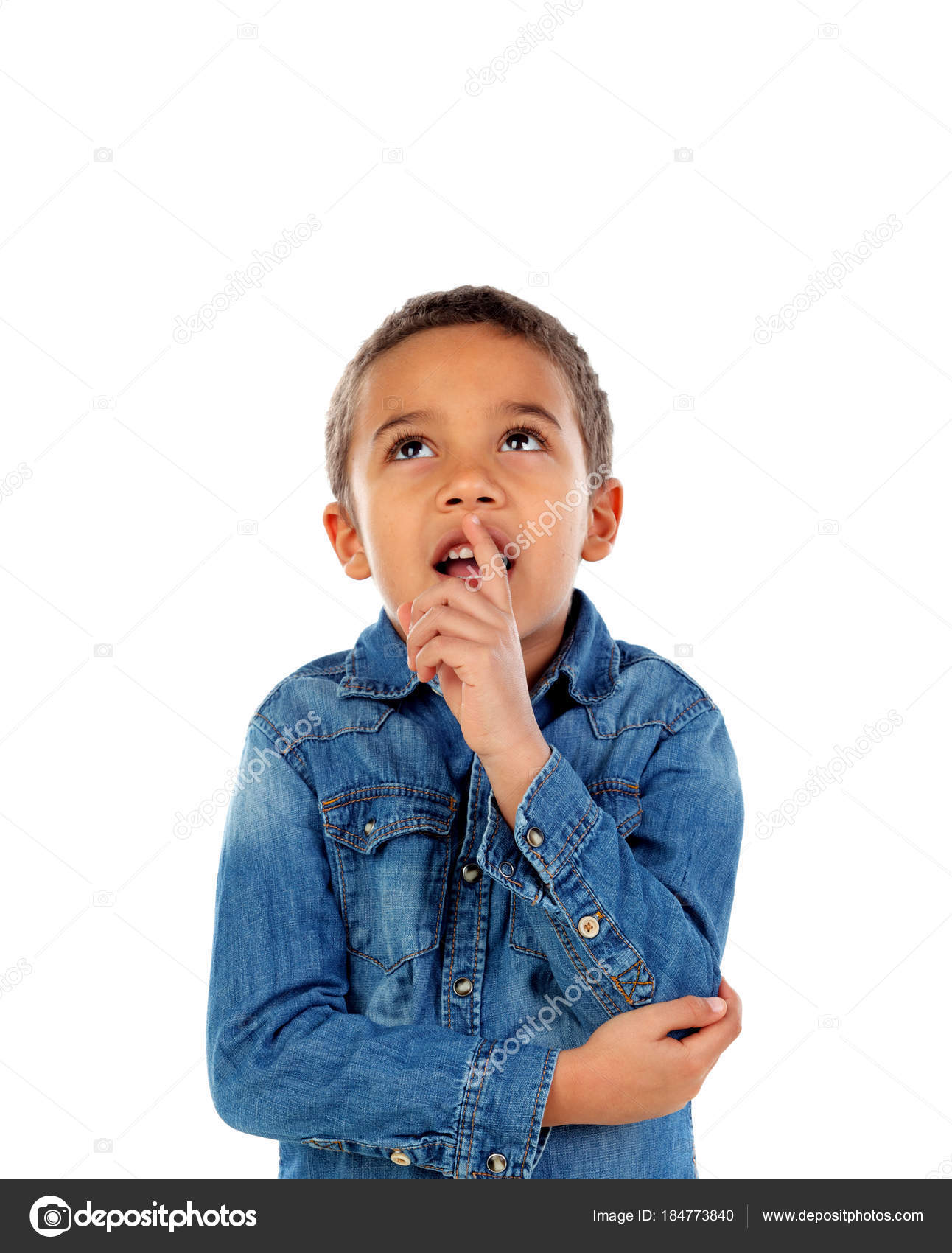 Pensive Little Boy Wearing Denim Shirt Isolated White Background ...