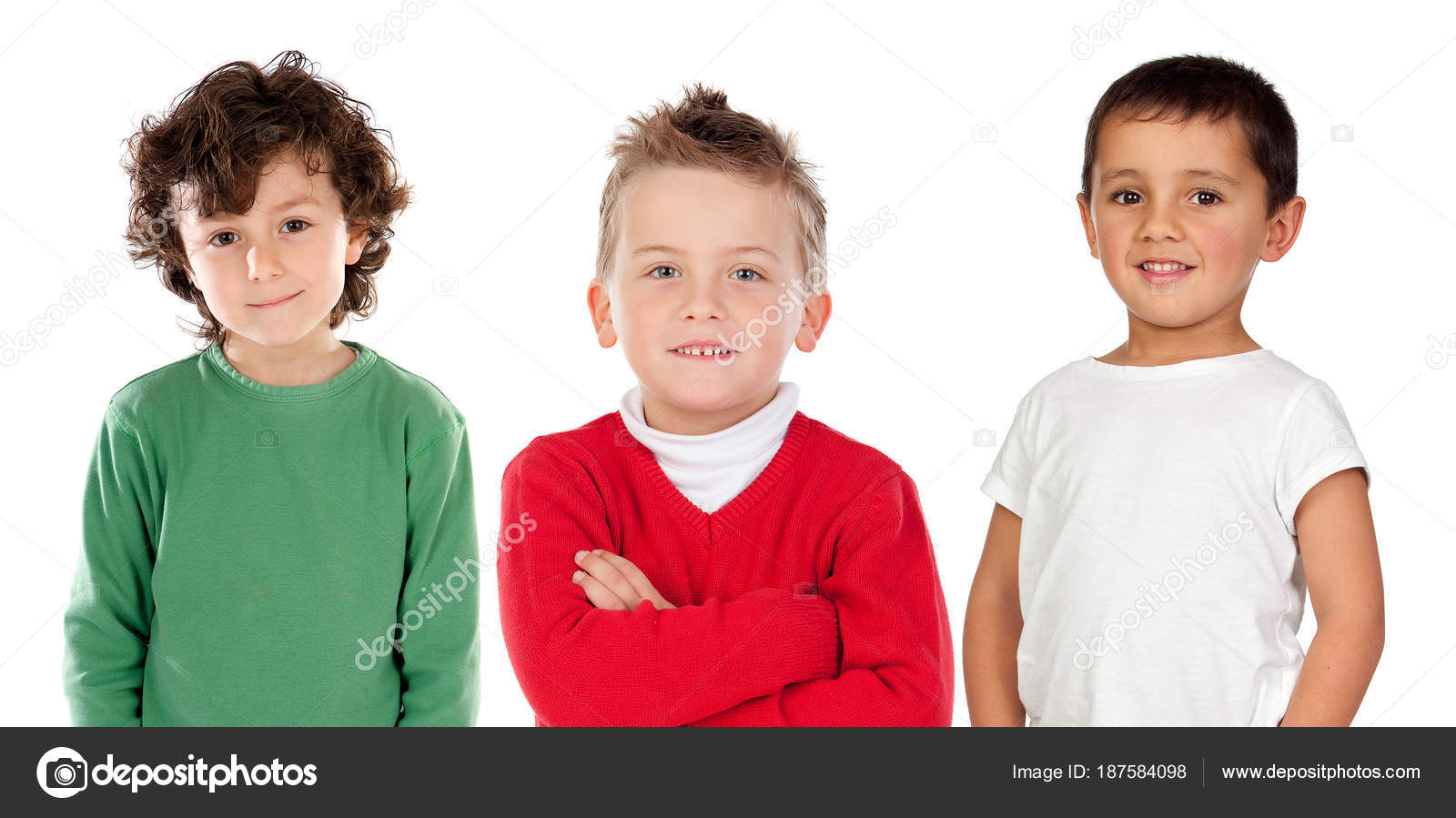 Tre Söta Små Pojkar Isoleras Vit Bakgrund — Stockfotografi © Gelpi ...