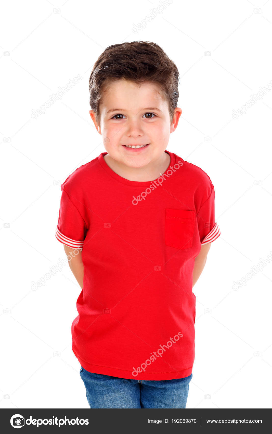 Cute Happy Boy Red Shirt Posing Isolated White Background — Stock Photo ...