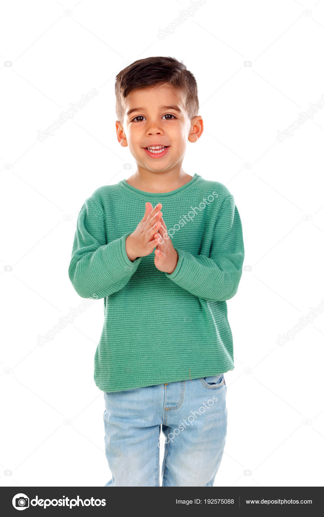 Smiling Little Boy Clapping Hands Isolated White Background Full Length ...