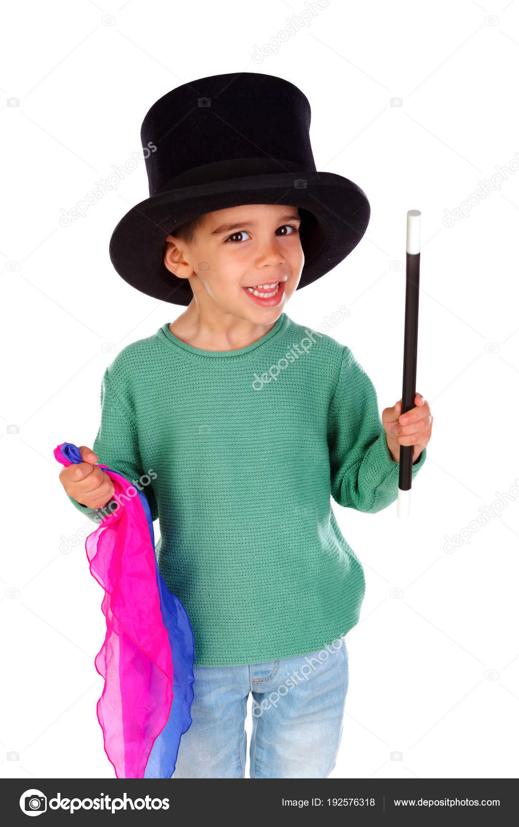 Cute Boy Doing Magic Top Hat Colorful Cloth Magic Wand Stock Photo by ...