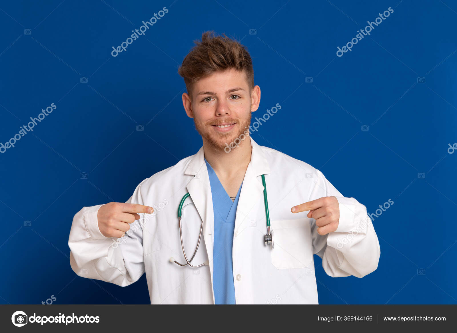 Doctor Wearing White Lab Coat Blue Background Stock Photo by ©Gelpi ...