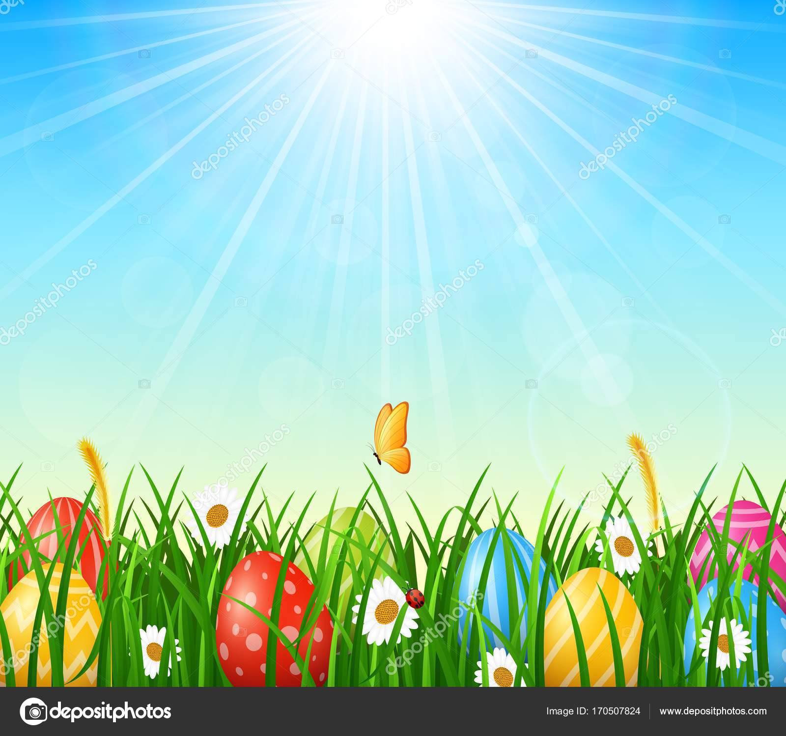 Fondo Pascua Con Huevos Pascua Hierba Sobre Fondo Cielo Soleado Vector ...