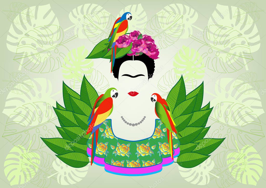 Frida Kahlo interpretación gráfica con loros, vector aislado o exótico ...