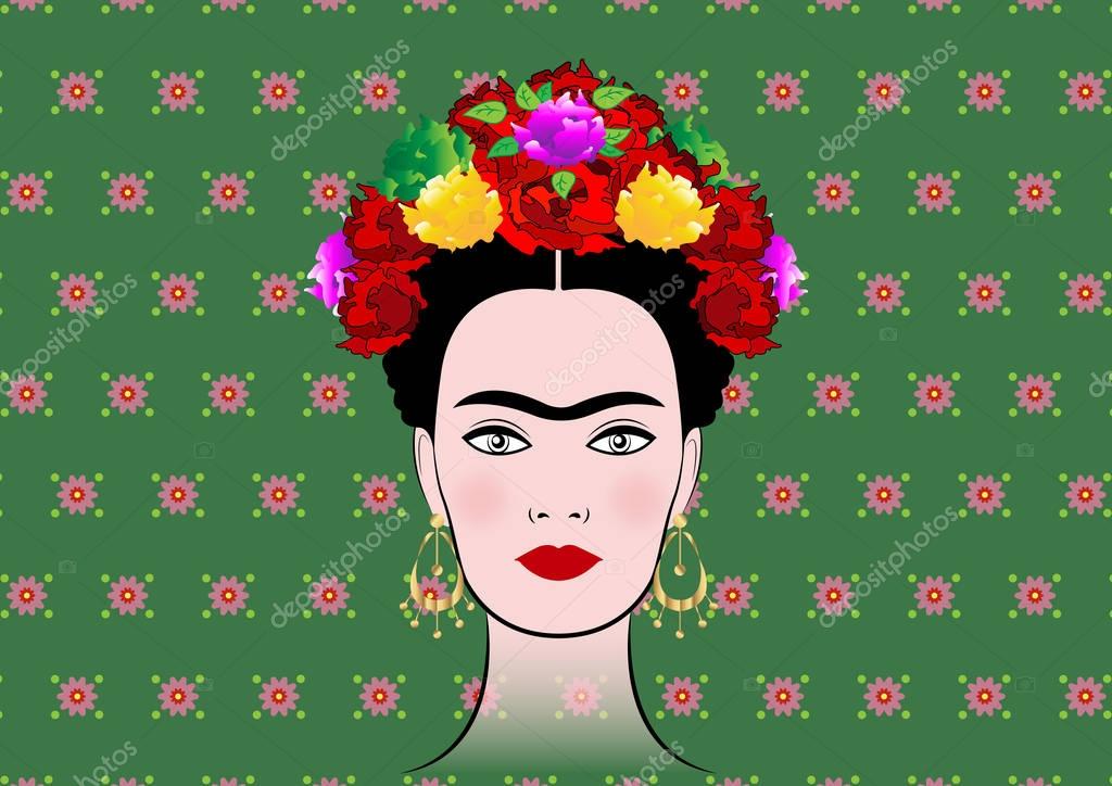 Frida Kahlo vector retrato, joven hermosa mexicana con un peinado ...