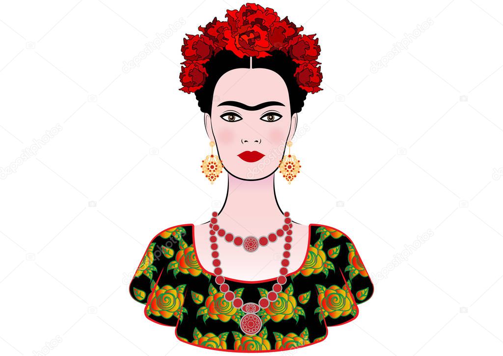 Frida Kahlo vector portrait, graphic interpretation, with Mexican ...
