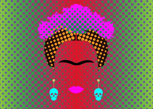 Frida Kahlo vector retrato con pendientes calaveras, Pop Art Style 2024